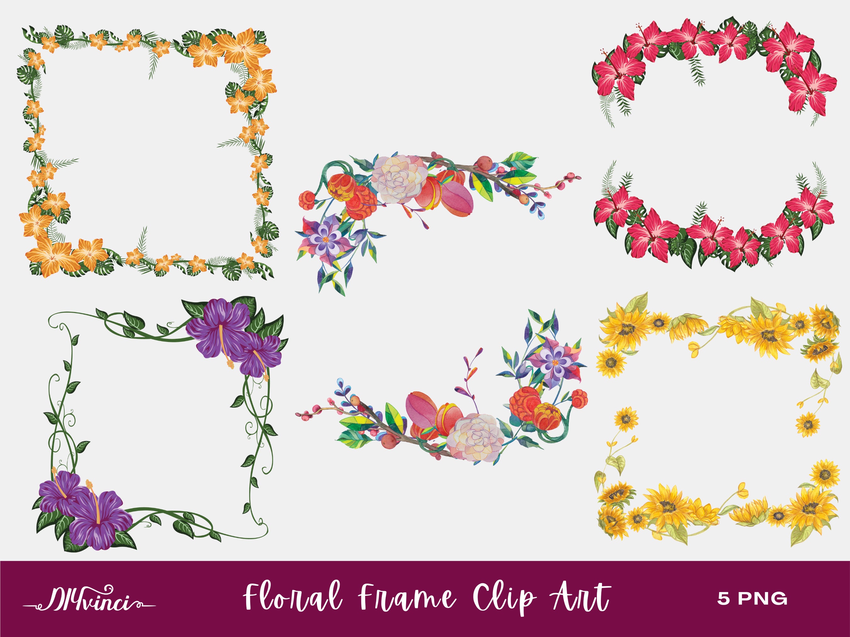 Floral Frame Clip Art 5 PNG Personal & Commercial Use | Etsy