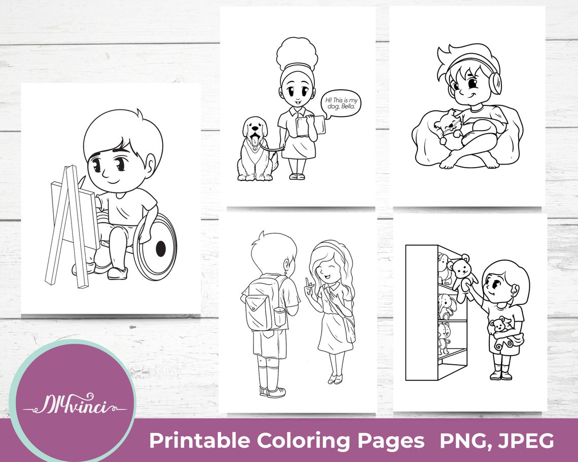 5 Children Neurodiversity and Disability Coloring Pages - JPEG & PNG ...