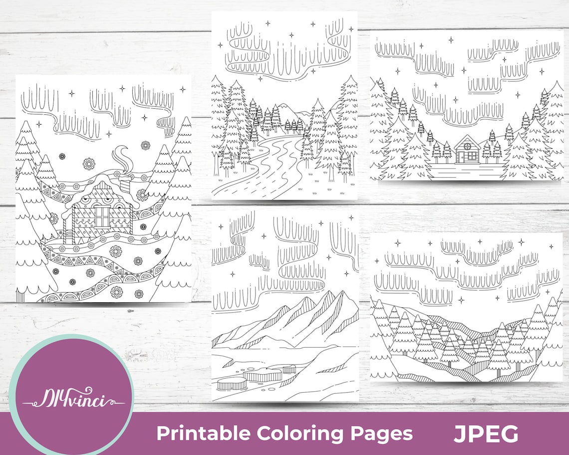 5 Northern Lights Printable Coloring Pages - JPEG - Personal and ...