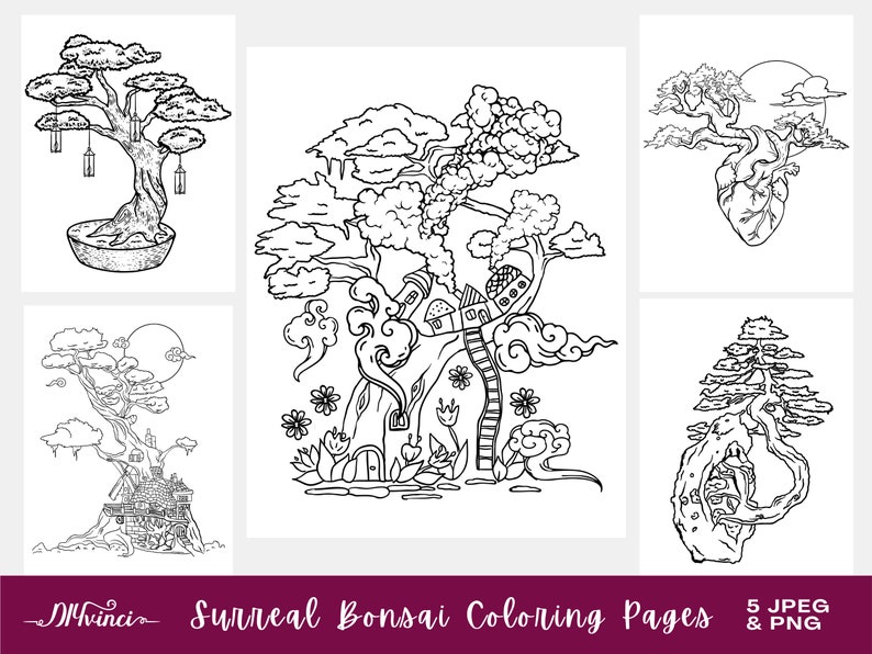 5 Printable Surreal Bonsai Coloring Pages JPEG PNG | Etsy