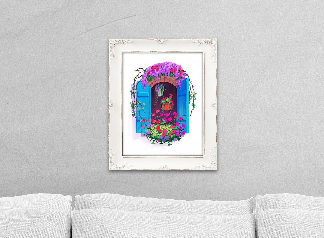 Greek Window Floral Digital Painting Print With Ornate Frame - Etsy