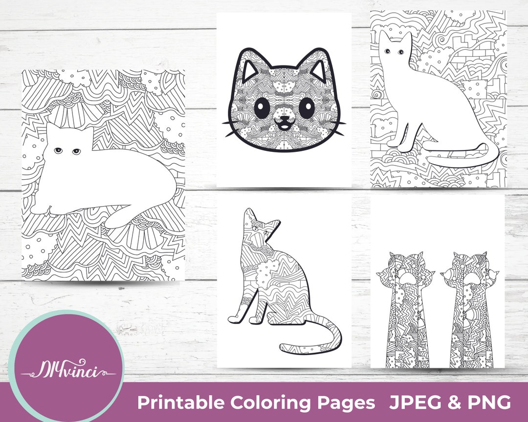 Printable Doodle Cat Coloring Pages - 5 JPEG and PNG - Personal ...