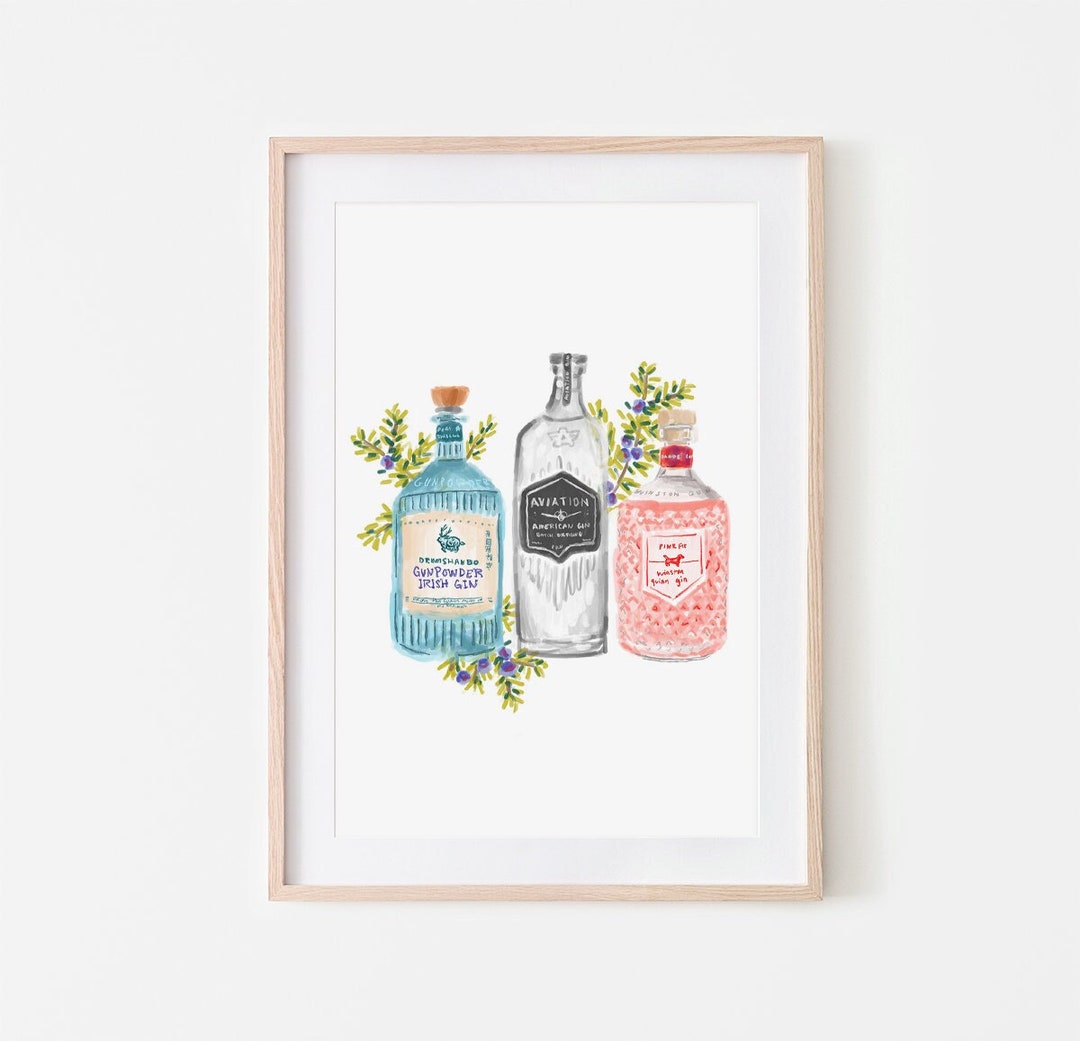 Bar Wall Art, Bar Cart Artwork, Gin Bottles Art, Alcohol Art Print, Gin ...