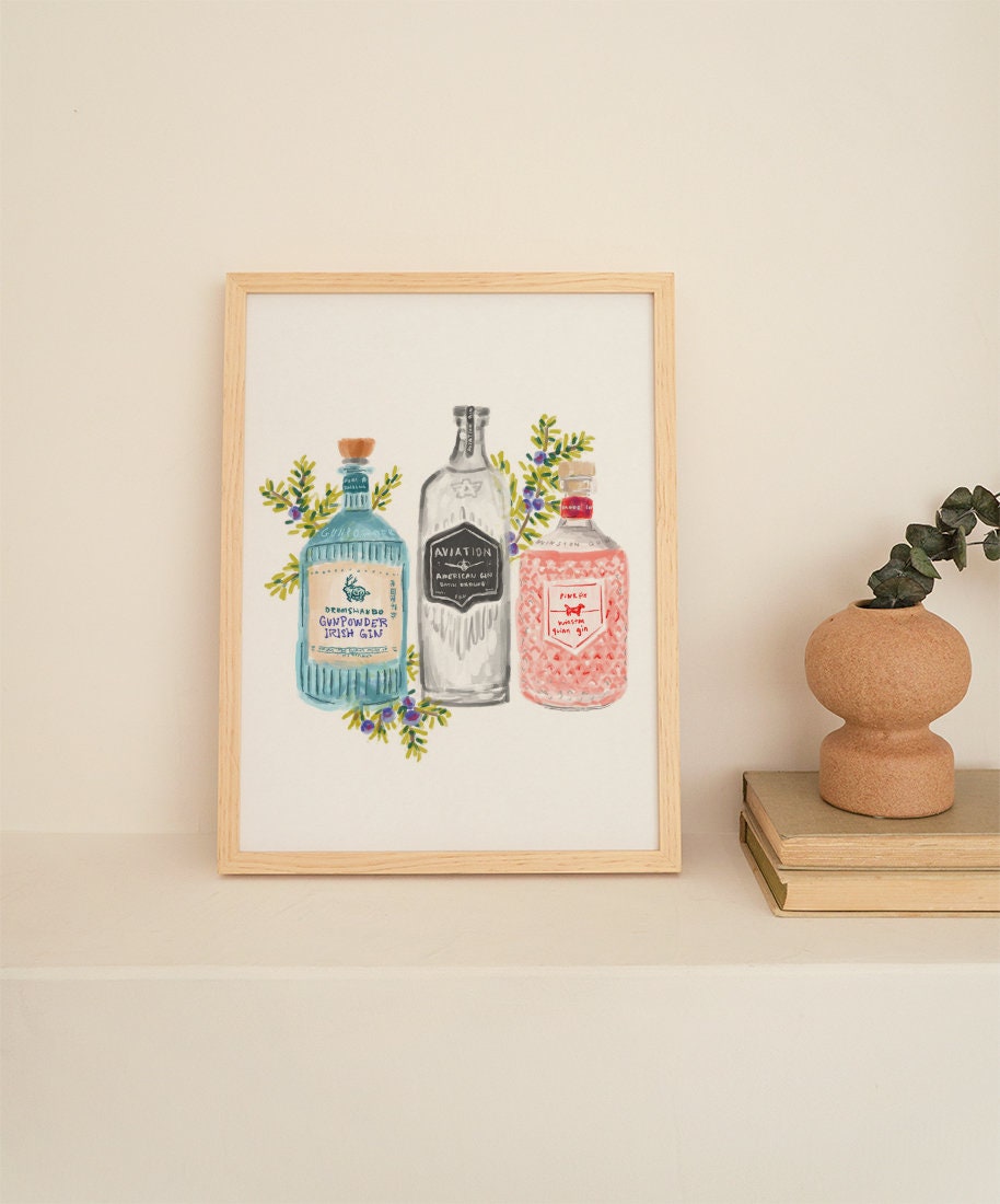Bar Wall Art, Bar Cart Artwork, Gin Bottles Art, Alcohol Art Print, Gin ...