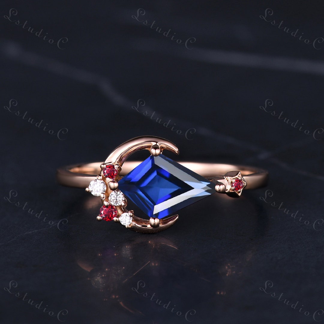 Vintage Kite Cut Blue Sapphire Engagement Ring Gold Art Deco Star Ruby ...