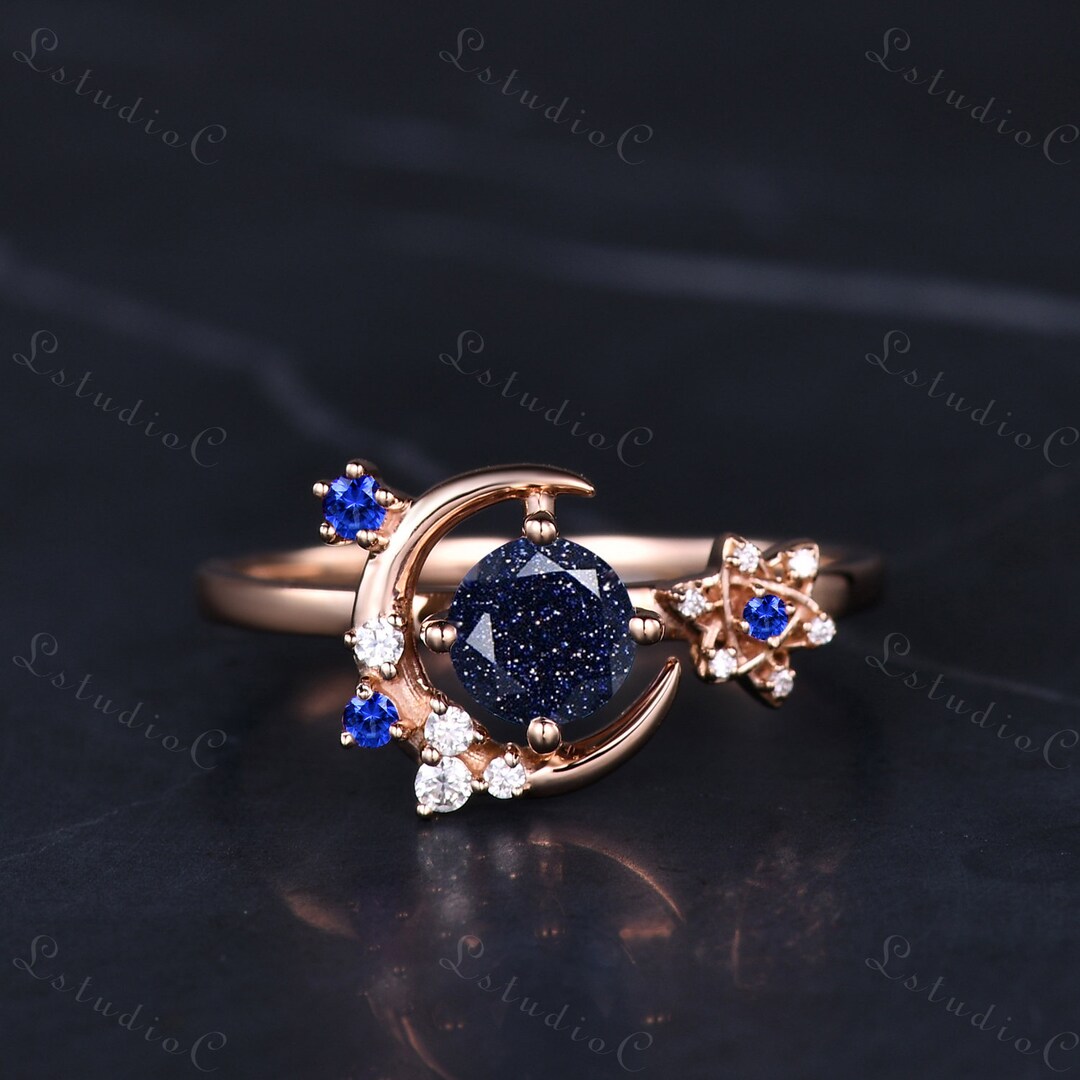 Unique Blue Sandstone Star Engagement Ring Art Deco Sapphire Moonstone ...