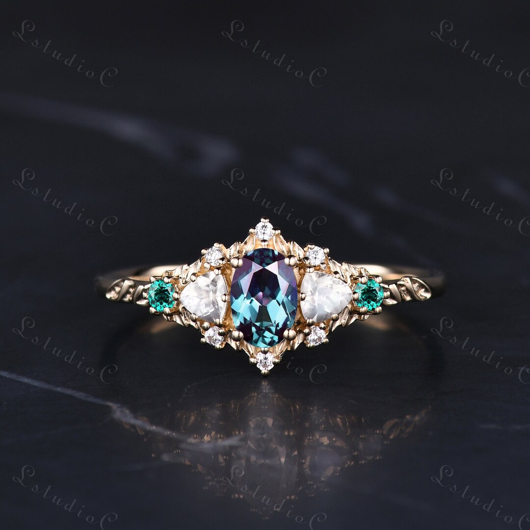 Dainty Oval Alexandrite Engagement Ring Yellow Gold Trillion Cut ...