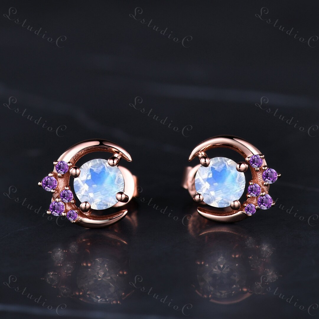 Unique Round Cut Moonstone Earrings Rose Gold Cluster Amethyst Moon ...