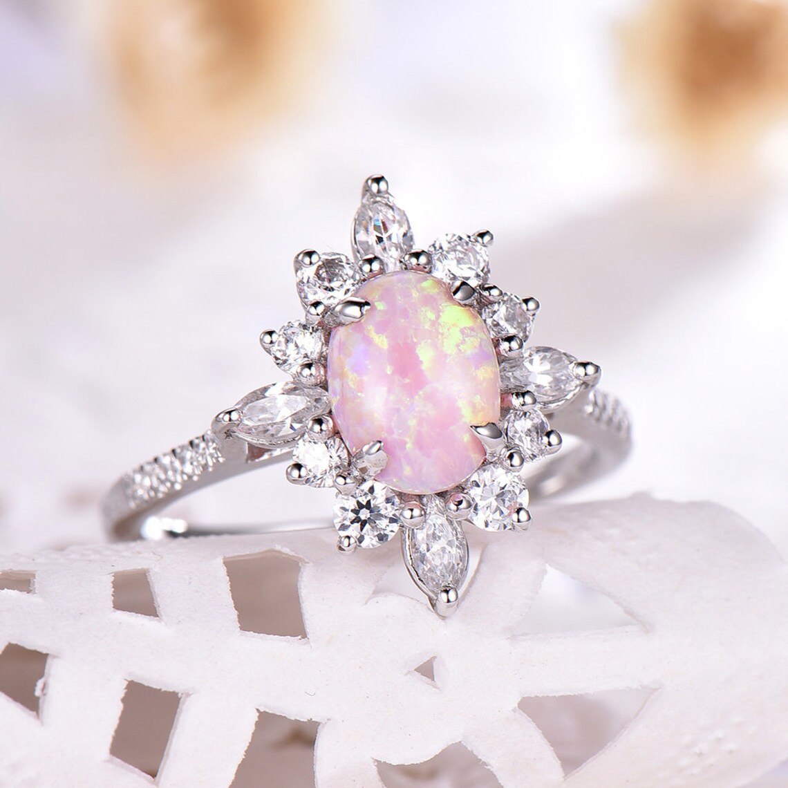 Pink Fire Opal Engagement Ring CZ Diamond Halo 14k White Gold - Etsy