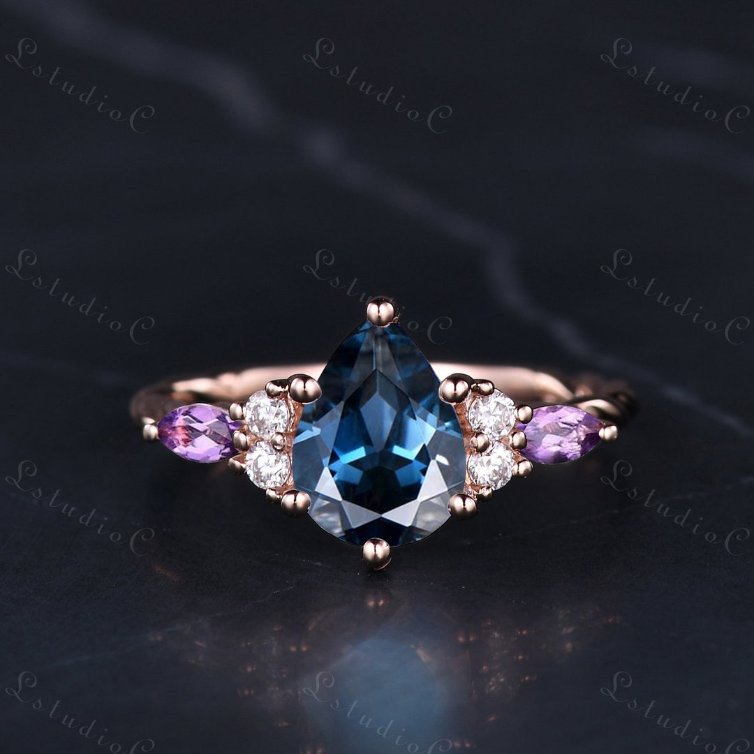 Vintage Pear Cut Blue Topaz Engagement Ring Solid Rose Gold Unique ...