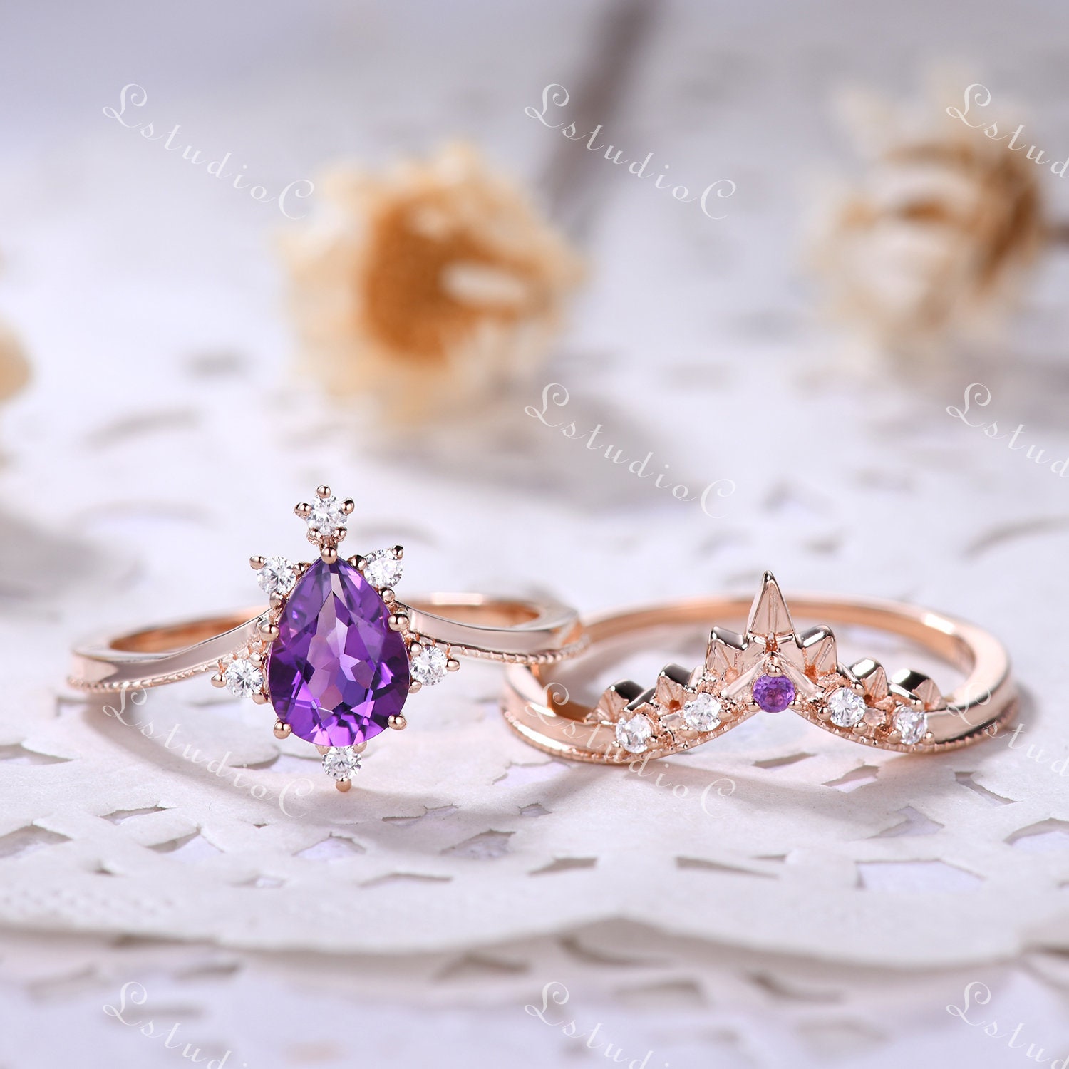 Amethyst Ring Set Pear Shaped Amethyst Engagement Ring Set - Etsy