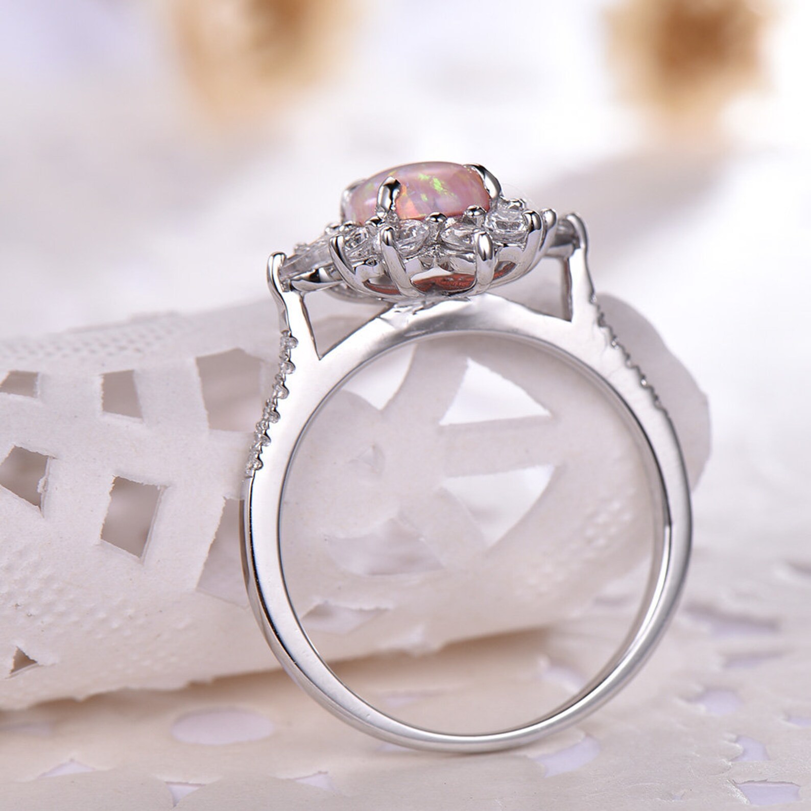 Pink Fire Opal Engagement Ring CZ Diamond Halo 14k White Gold - Etsy