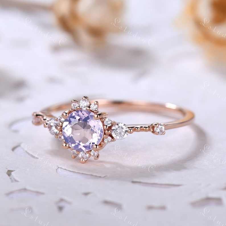 Dainty Round Lavender Amethyst Engagement Ring 14k Rose Gold Moissanite ...