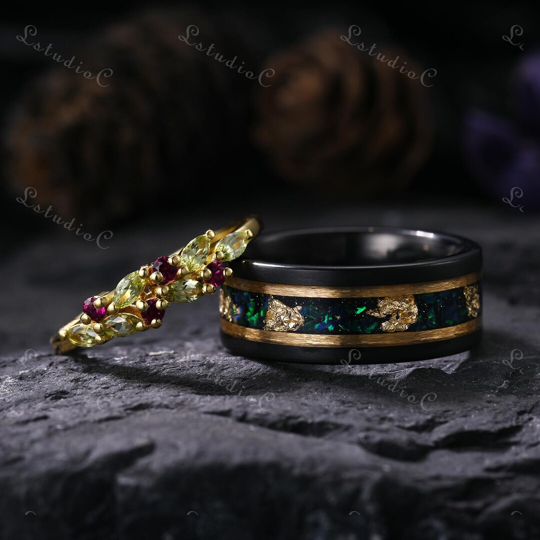 Vintage Peridot Ruby Couple Ring Set Yellow Gold Mens Tungsten Matching ...