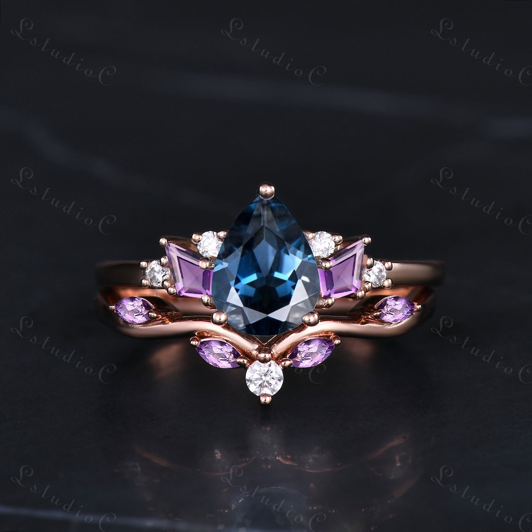 Pear Shaped London Blue Topaz Engagement Ring Set Kite Cut Amethyst ...