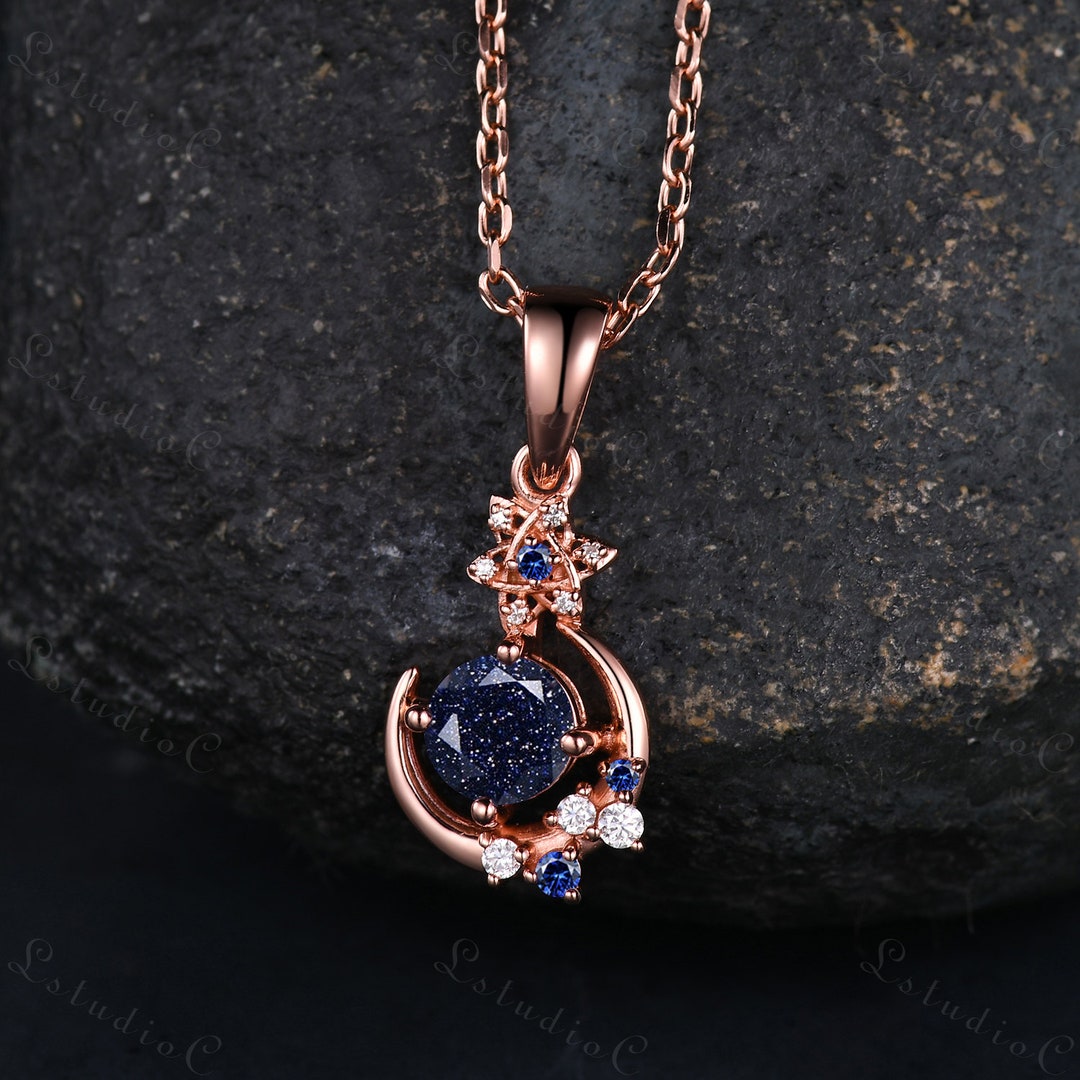 Delicate Round Cut Blue Sandstone Necklace Rose Gold Unique Star Moon ...