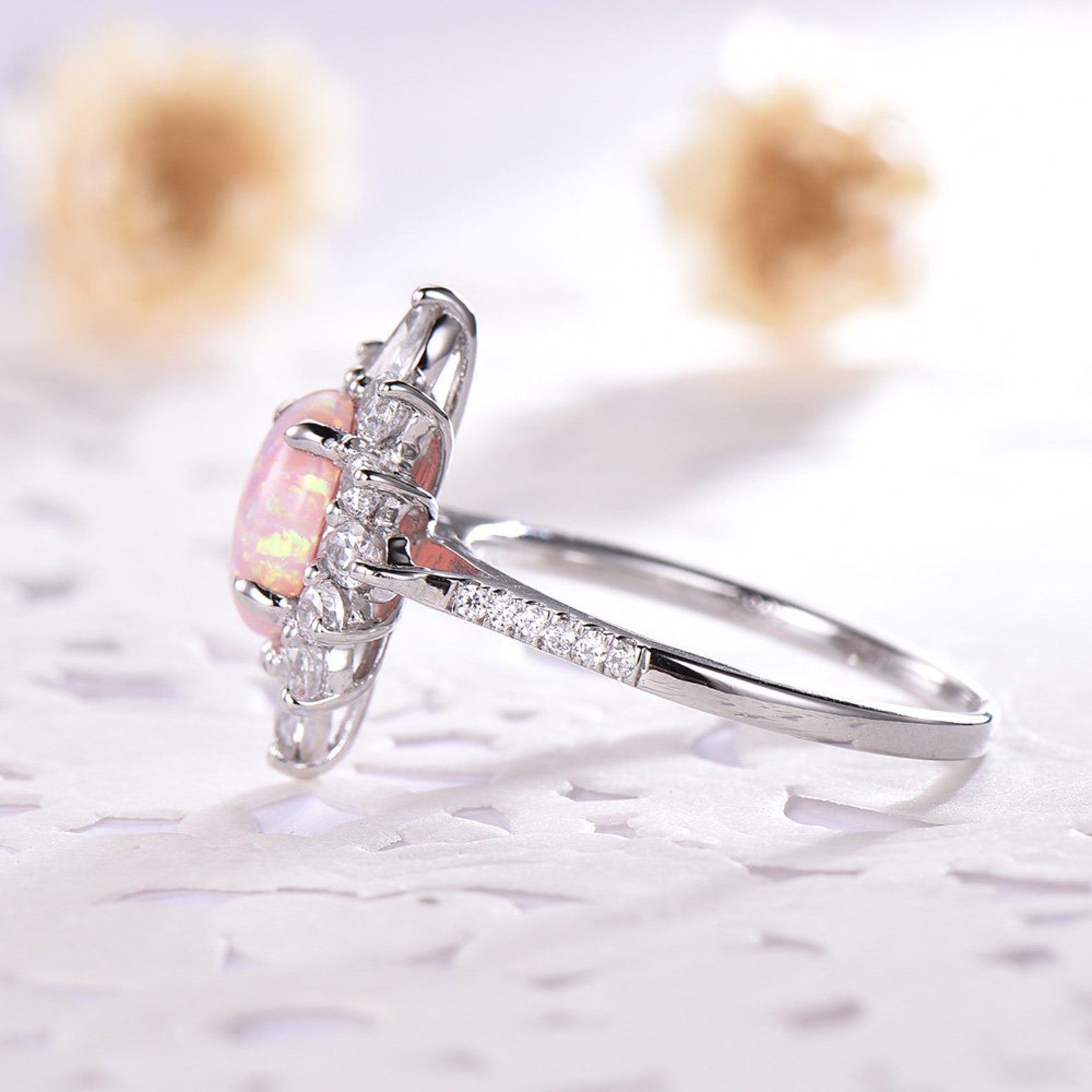 Pink Fire Opal Engagement Ring CZ Diamond Halo 14k White Gold - Etsy