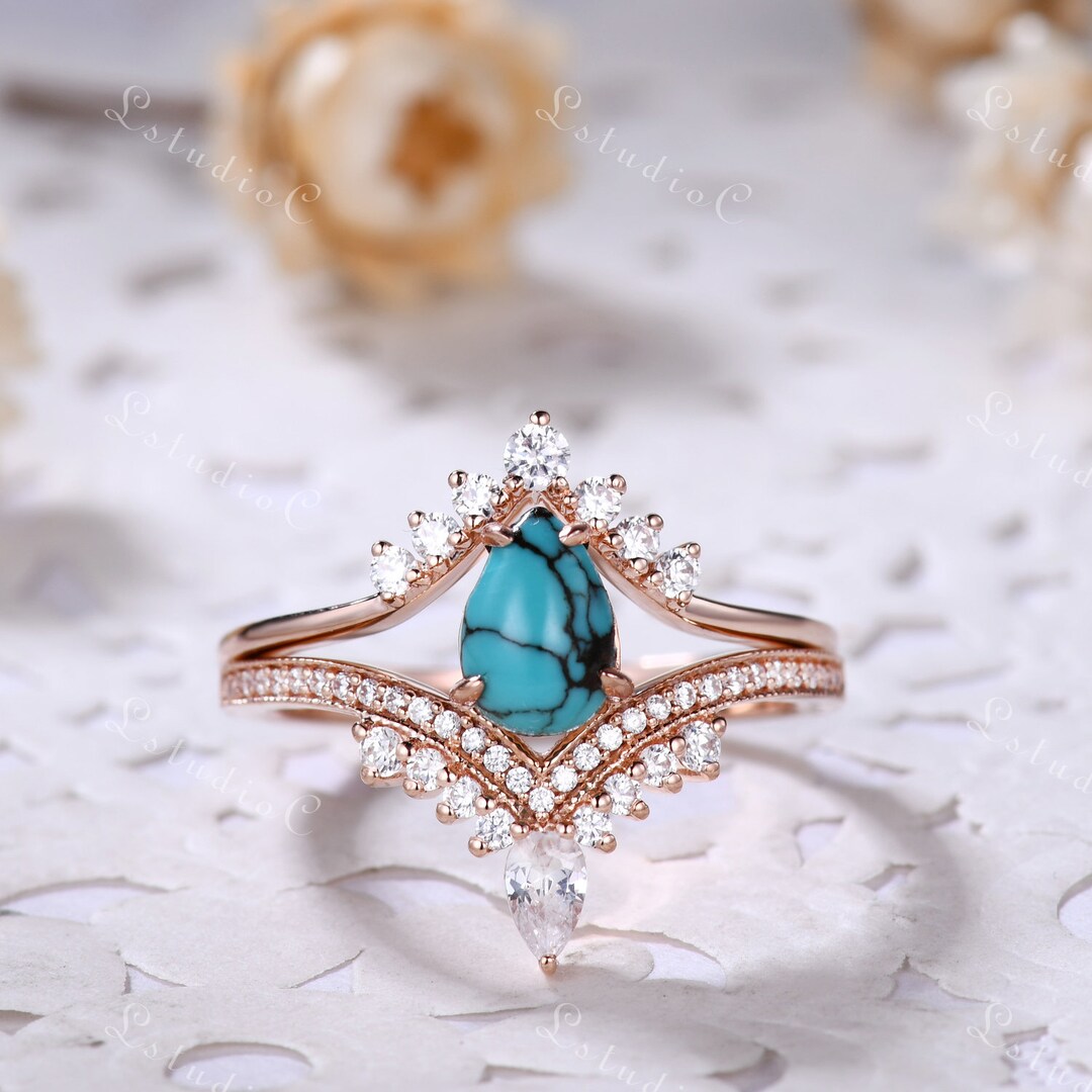 Turquoise Ring Set Rose Gold Turquoise Engagement Ring Set Vintage ...