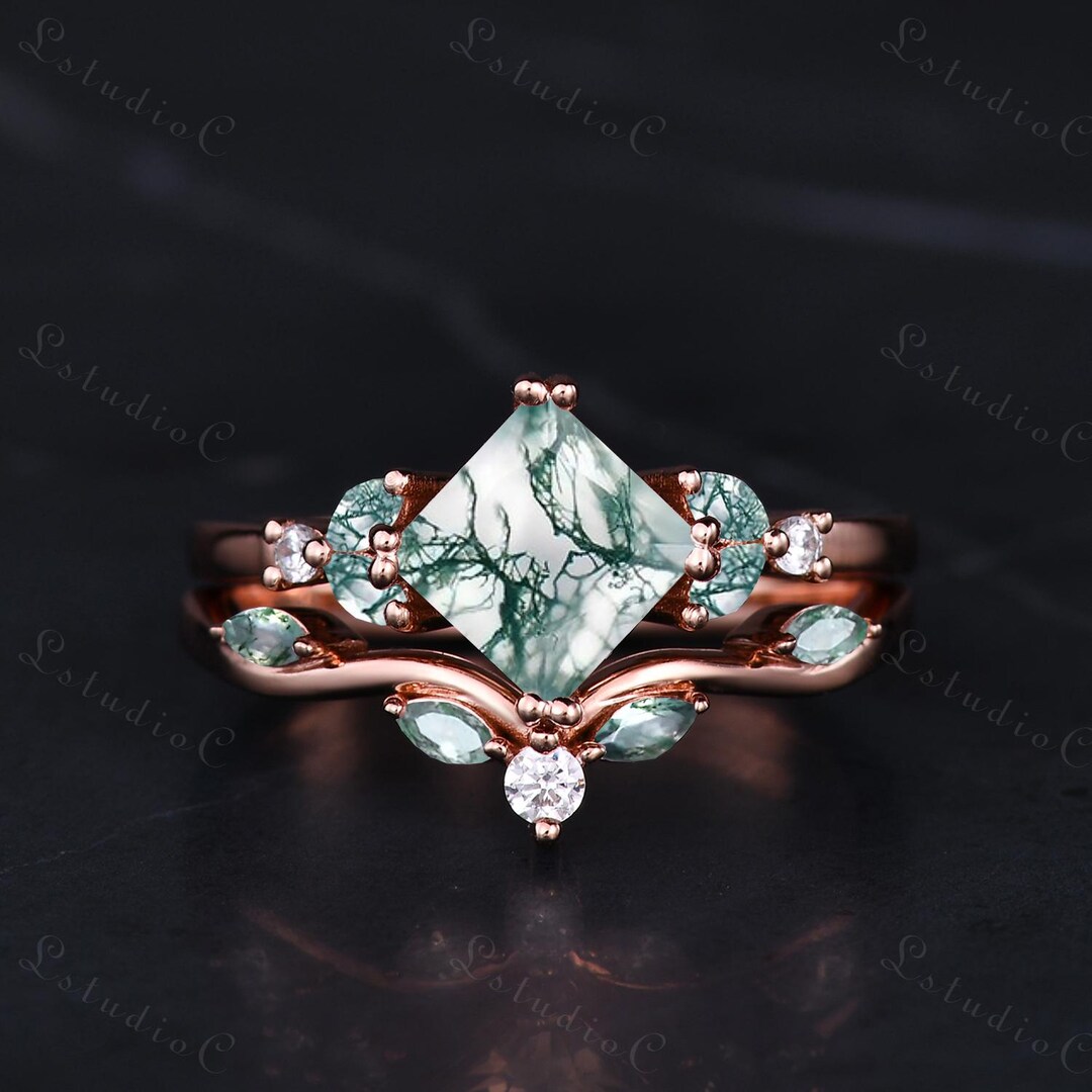 Princess Cut Green Moss Agate Engagement Ring Set 14k Rose Gold ...