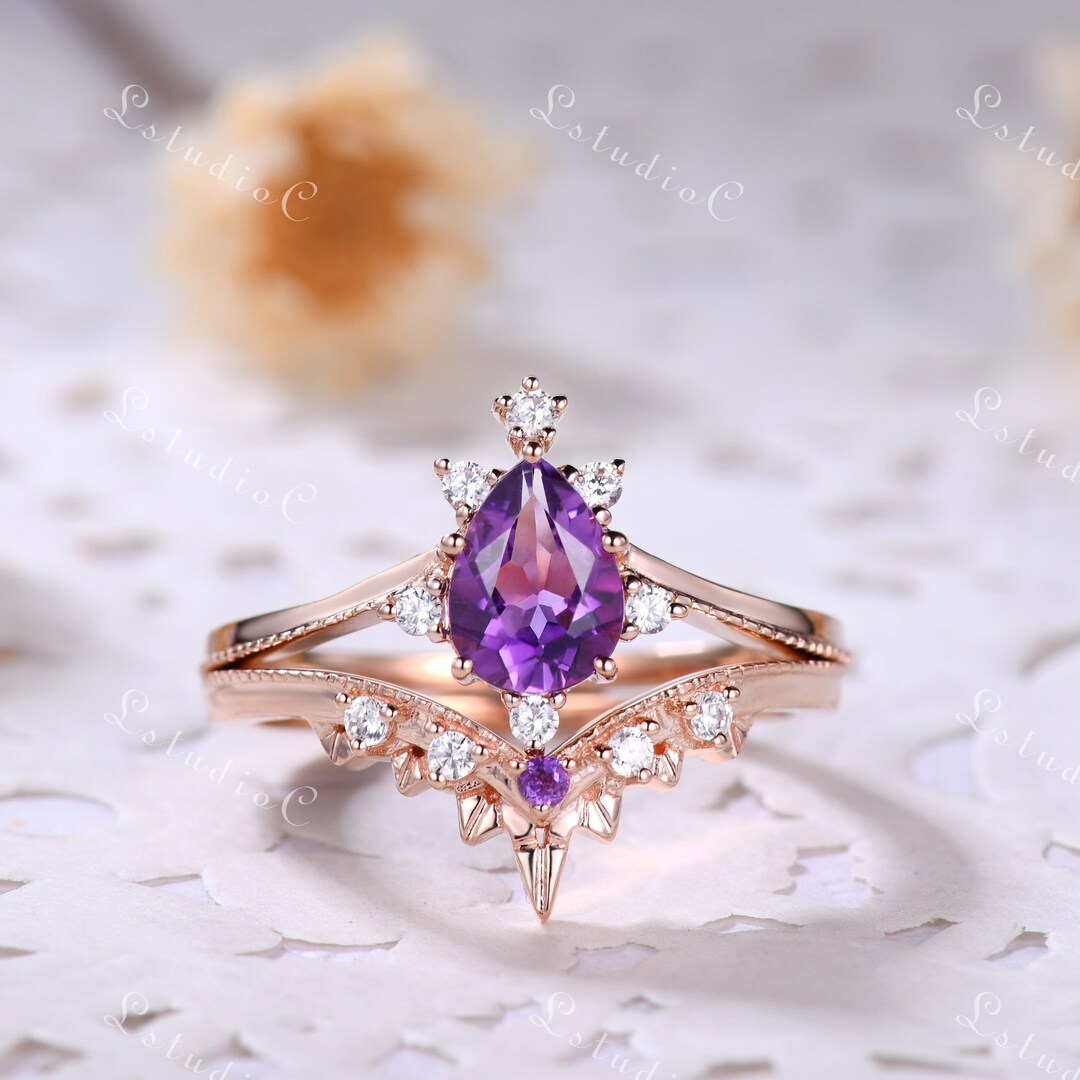 Amethyst Ring Set Pear Shaped Amethyst Engagement Ring Set - Etsy
