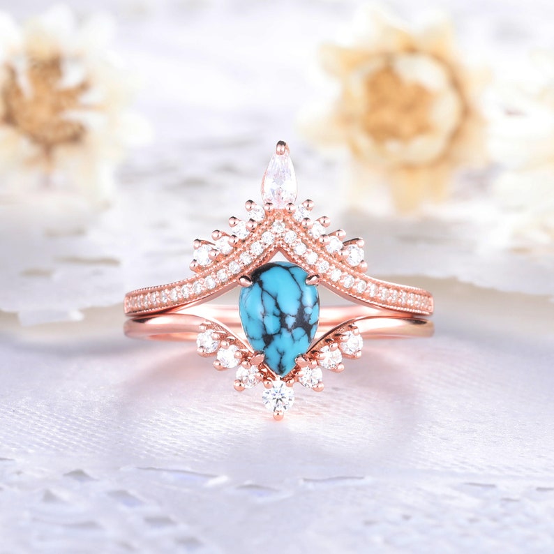 Turquoise Ring Set Rose Gold Turquoise Engagement Ring Set | Etsy