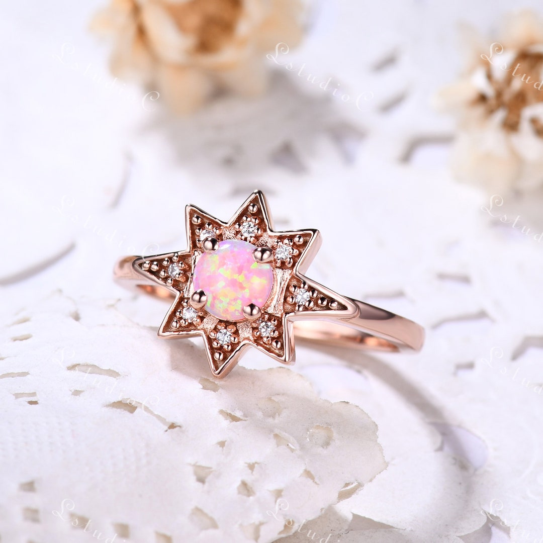 Unique Pink Opal Star Engagement Ring Silver Rose Gold Dainty Pink ...