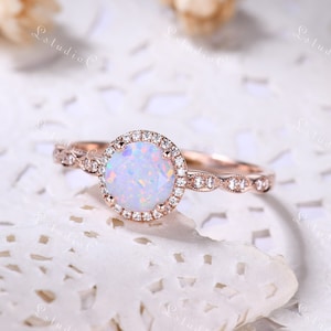 Round Cut Galaxy White Opal Engagement Ring Rose Gold Vintage Fire Opal ...