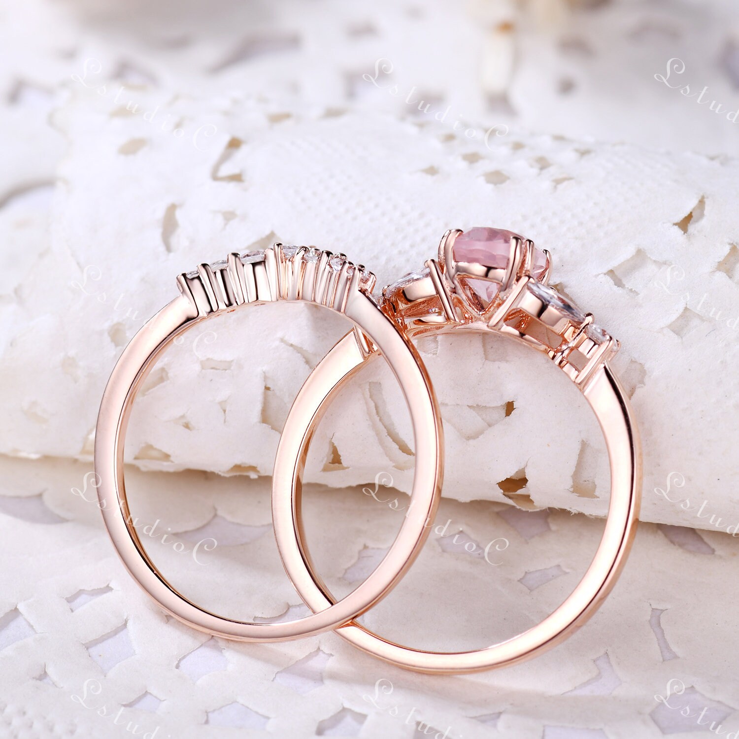 Oval Rose Quartz Ring Set Rose Gold Rose Quartz Engagement - Etsy