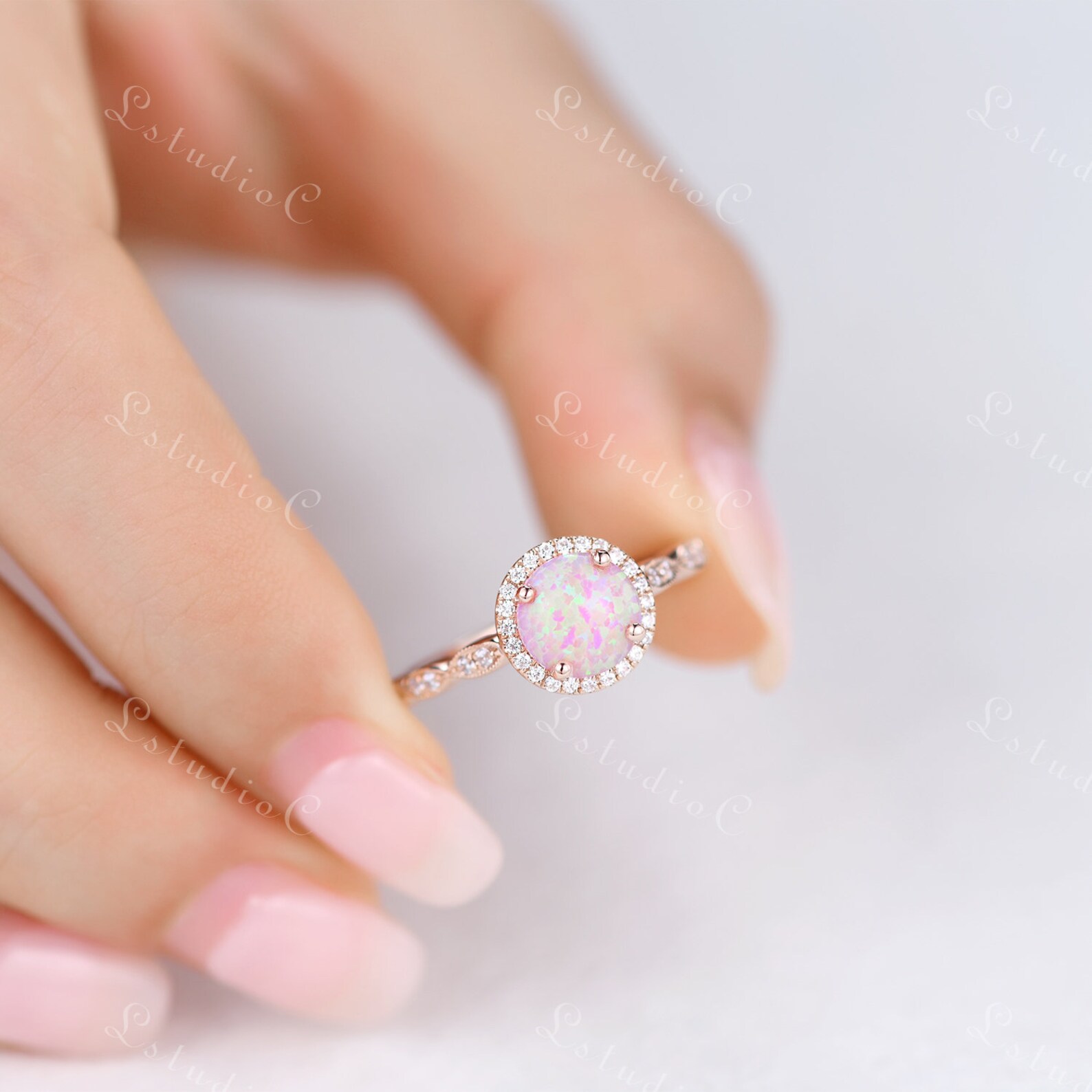 Pink Opal Engagement Ring Rose Gold Fire Opal Wedding Ring Halo Ring ...
