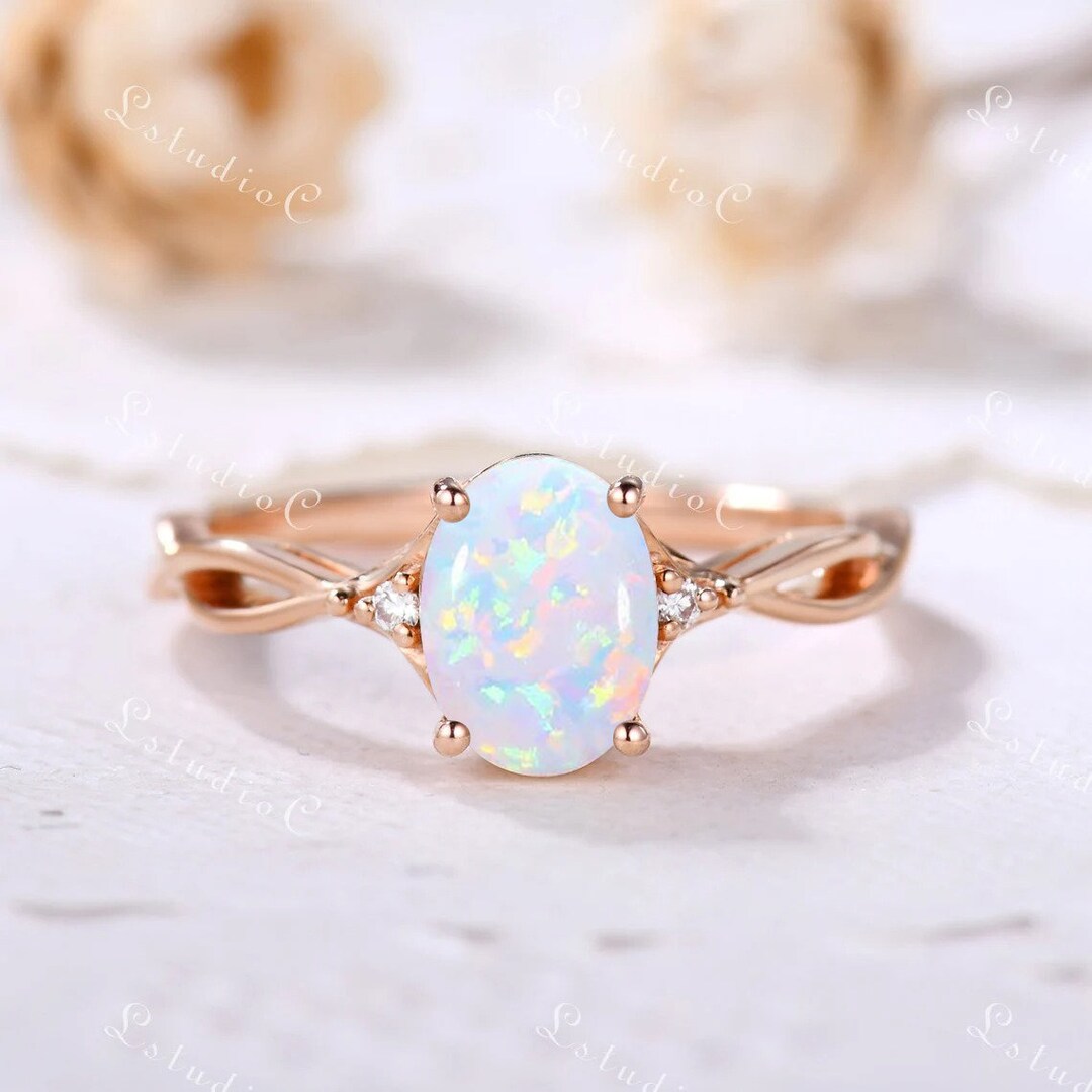Oval Opal Minimalist Ring Rose Gold Solitaire White Opal Moissanite Engagement Ring Simple Opal ...