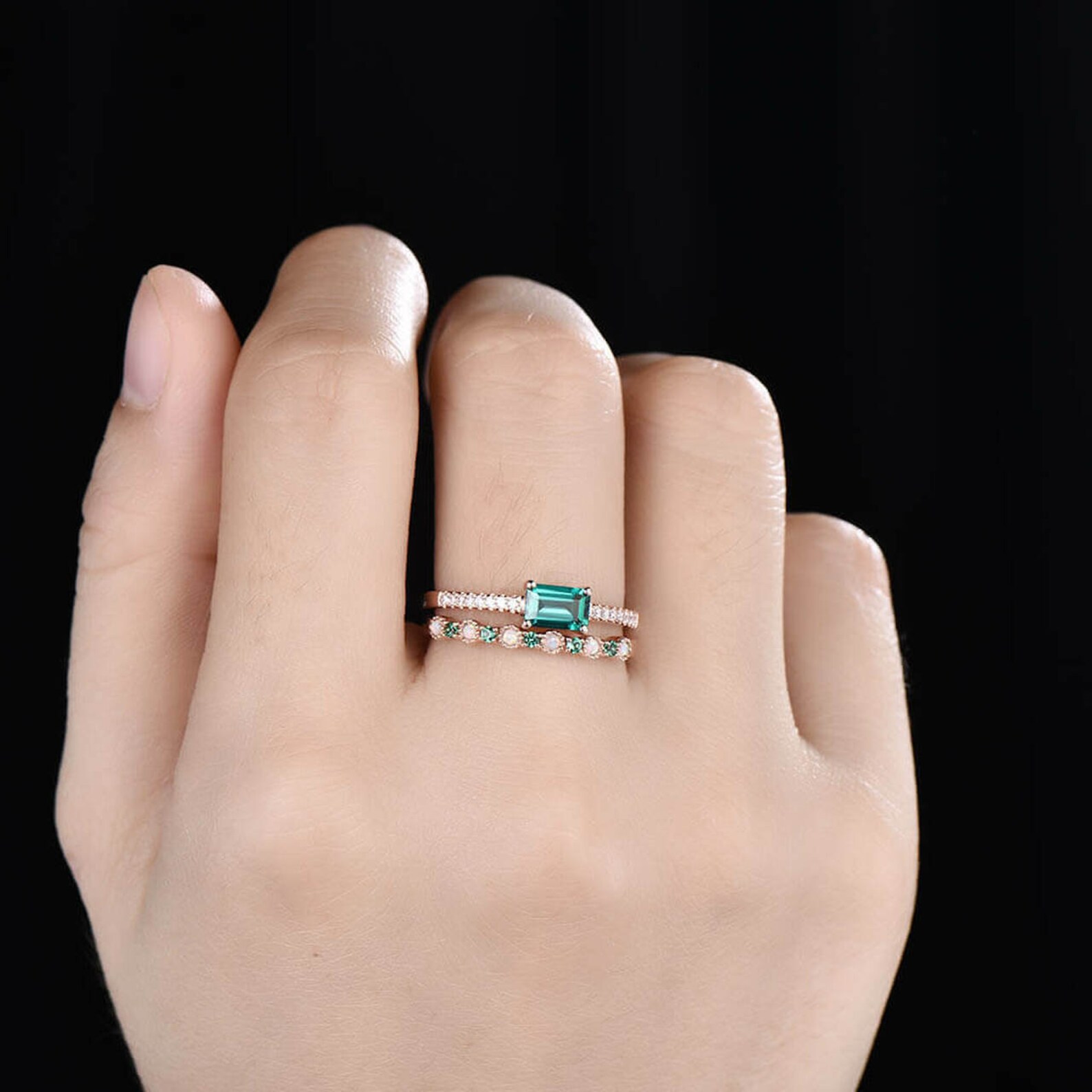 Baguette Emerald Engagement Ring Set Rose Gold Emerald Wedding - Etsy