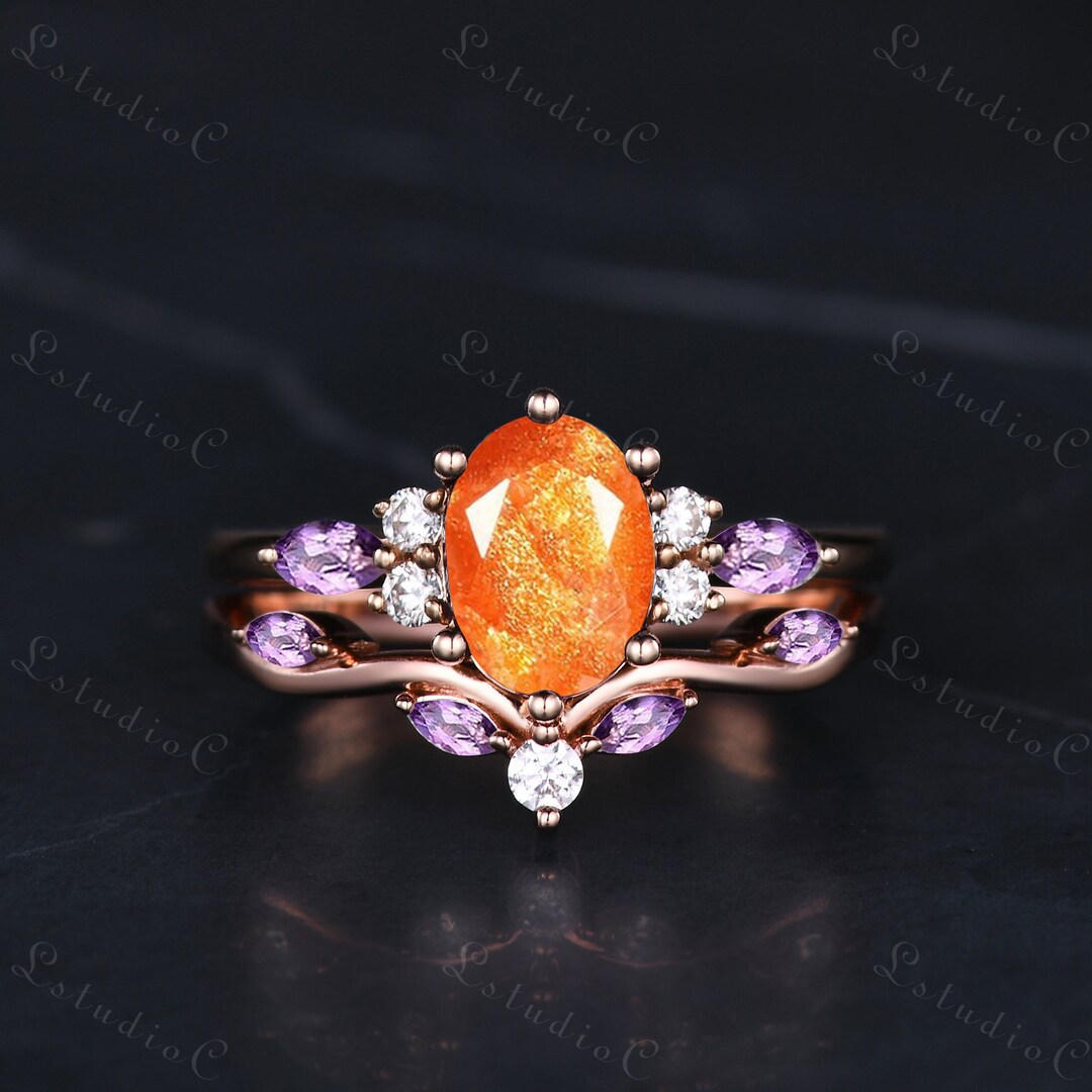 Oval Cut Orange Sunstone Engagement Ring Set Dainty Cluster Marquise ...