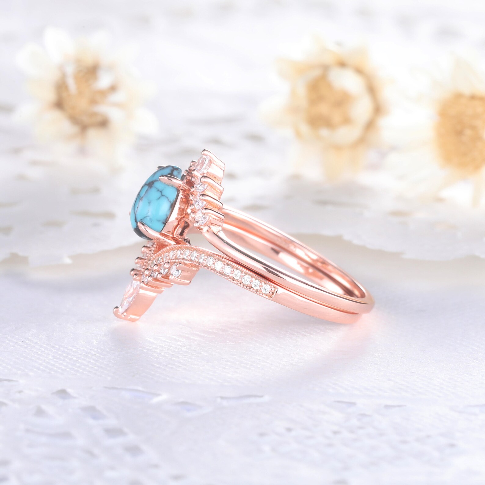 Turquoise Ring Set Rose Gold Turquoise Engagement Ring Set | Etsy
