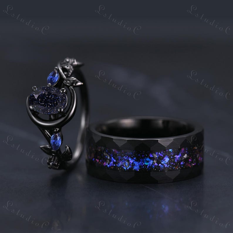 Vintage Oval Blue Sandstone Couple Ring Set Black Gold His and Hers ...