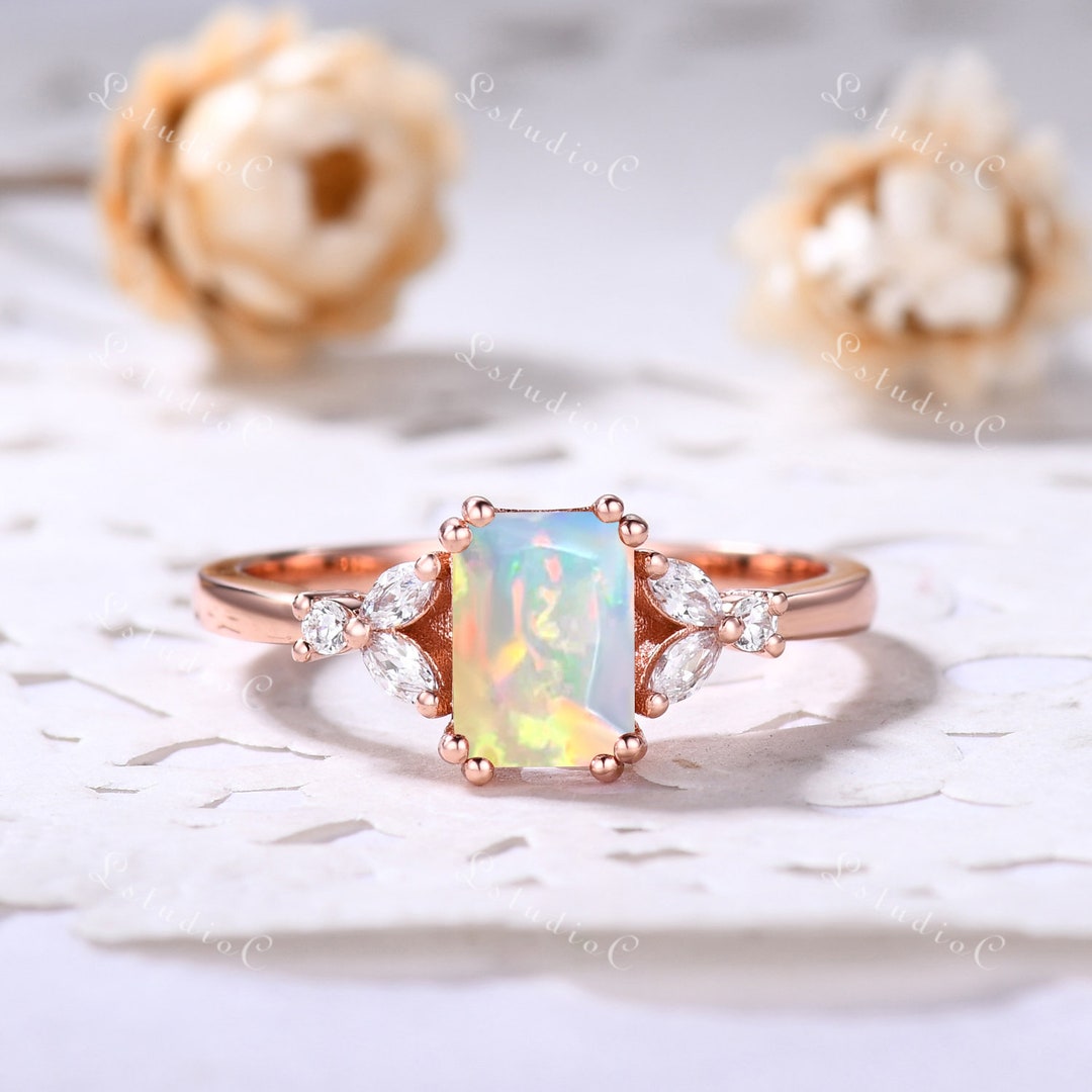 Emerald Cut Opal Engagement Ring Vintage Fire Opal Ring Rose Gold ...