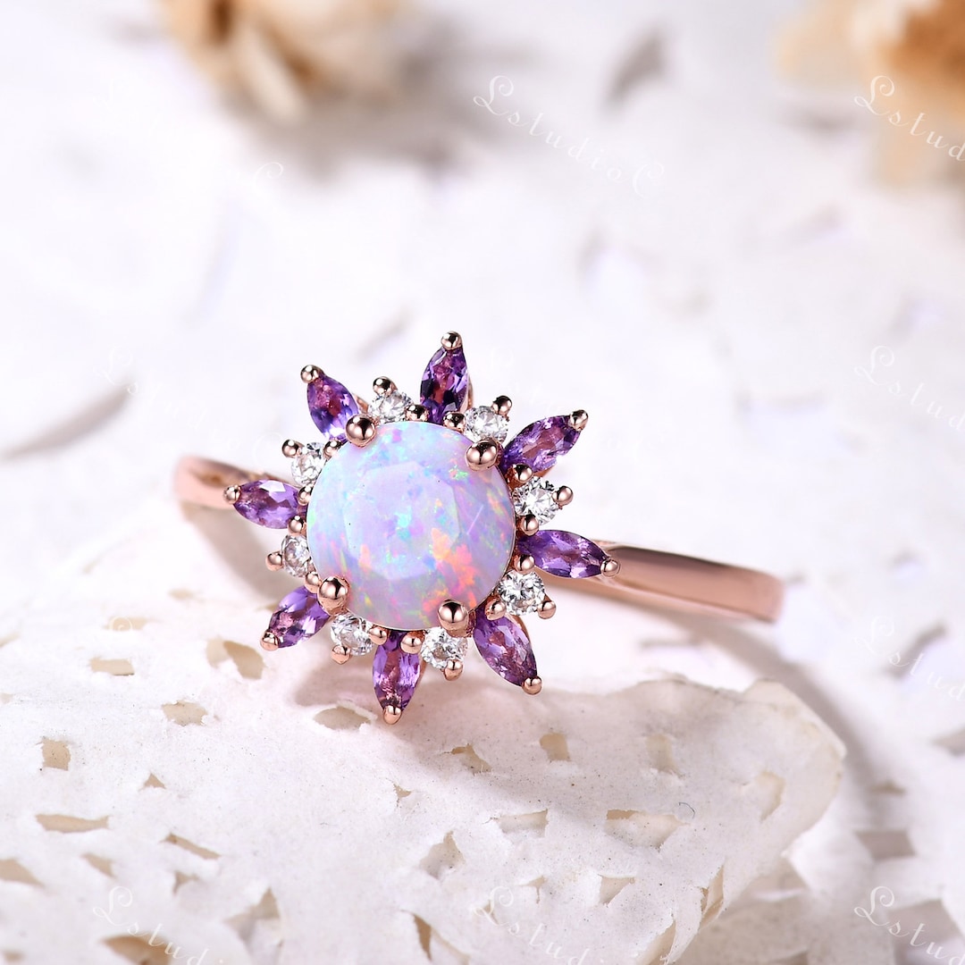 Vintage Round Opal Amethyst Flower Engagement Ring 14k Rose Gold Art ...