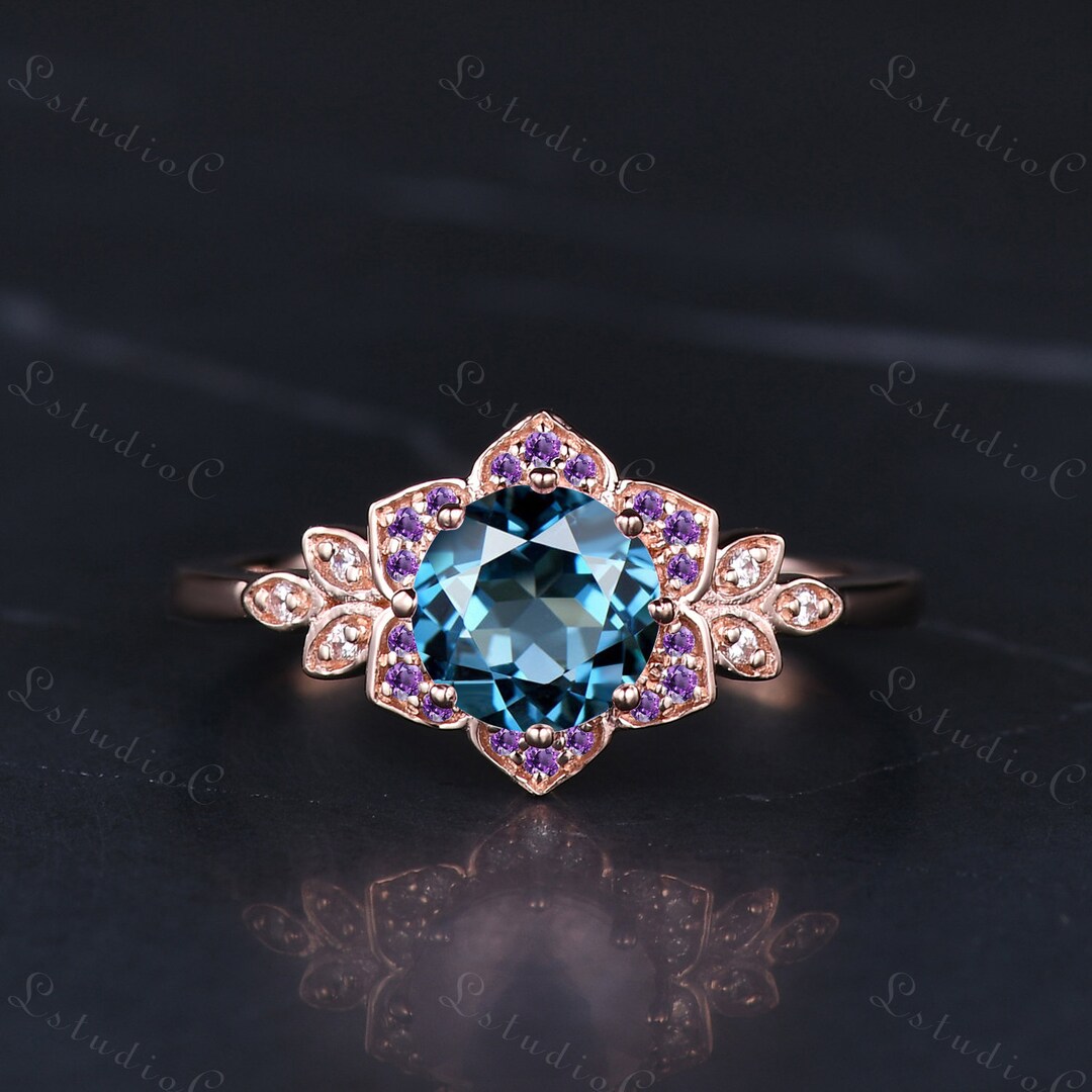 Unique Blue Topaz Flower Engagement Ring 14k Rose Gold Vintage Amethyst ...