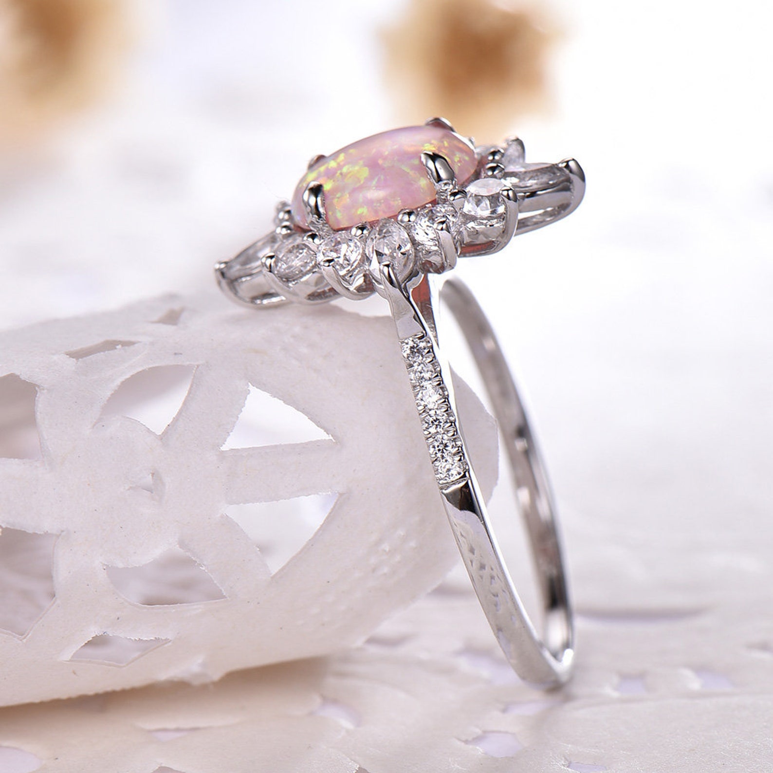 Pink Fire Opal Engagement Ring CZ Diamond Halo 14k White Gold - Etsy