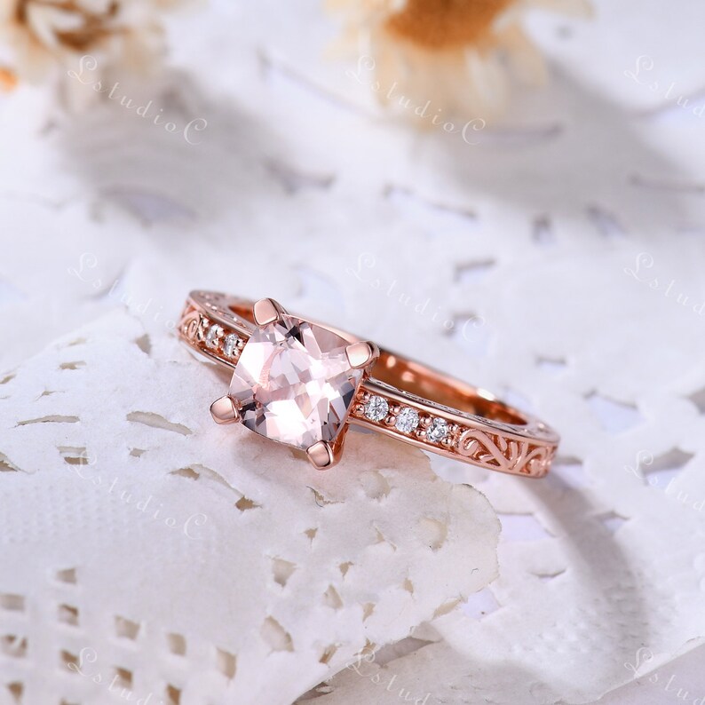 Cushion Cut Morganite Engagement Ring Rose Gold Vintage Etsy