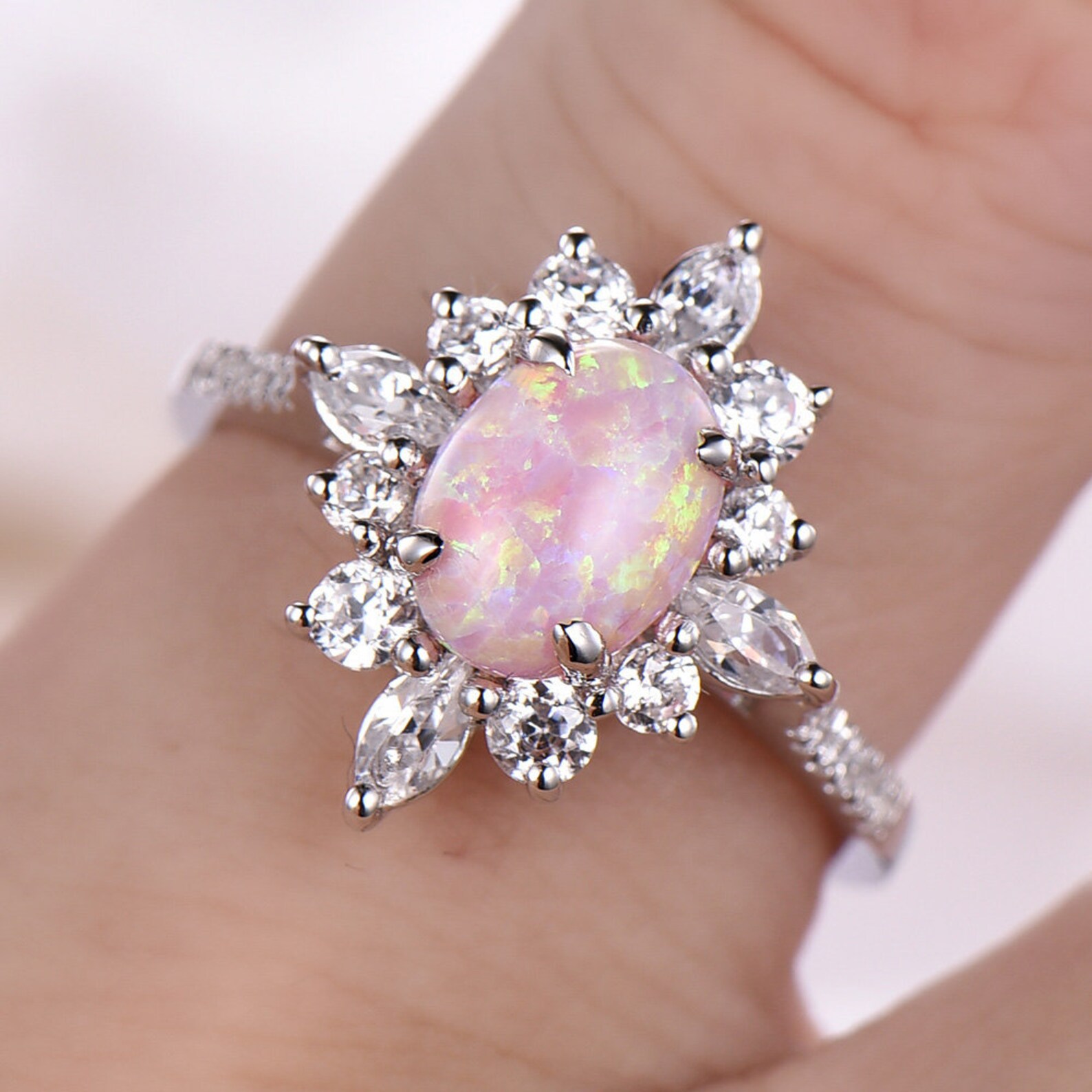 Pink Fire Opal Engagement Ring CZ Diamond Halo 14k White Gold - Etsy