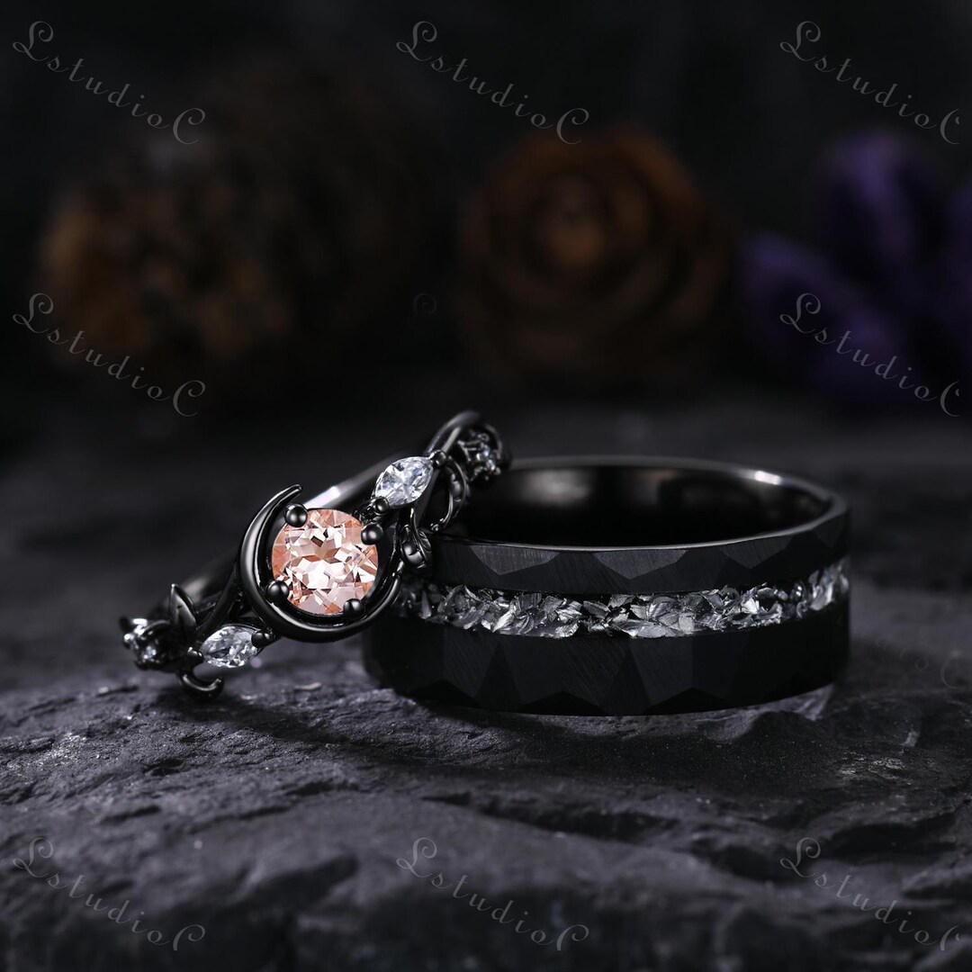 Dainty Morganite Black Gold Couple Ring Set Tungsten Meteorite Men ...