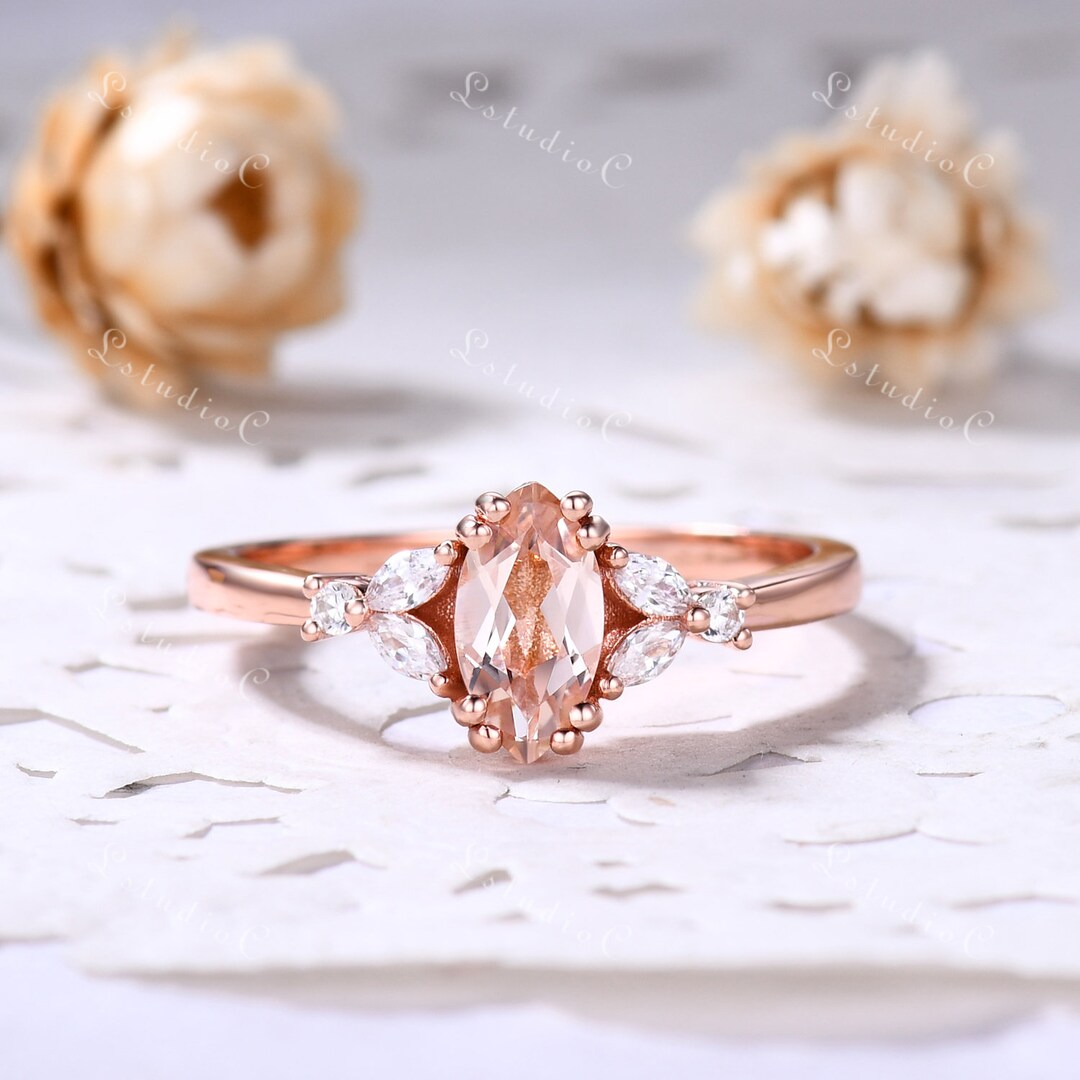 Vintage Marquise Cut Morganite Engagement Ring 14k Rose Gold Marquise ...