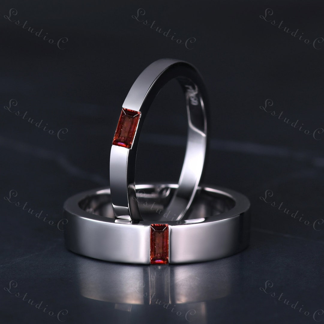 Baguette Cut Garnet Couple Wedding Ring Set Solid White Gold Mens Plain ...