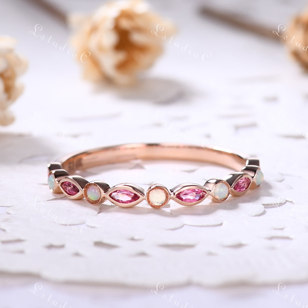Vintage Opal Pink Tourmaline Wedding Band Half Eternity Fire Opal ...