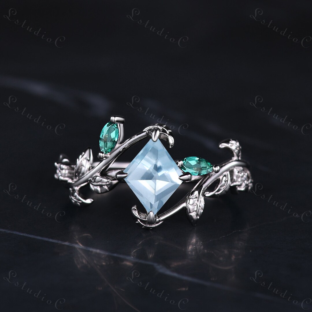 Rhombus Cut Blue Aquamarine Leaf Engagement Ring Silver White Gold ...