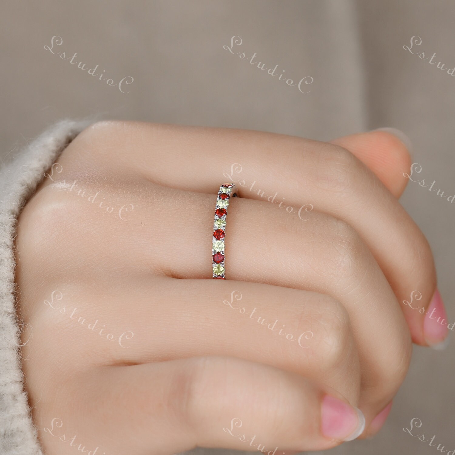 2mm Peridot Garnet Wedding Band Ring White Gold Full Eternity Red Green ...