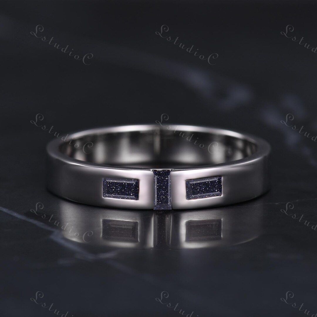 Baguette Cut Blue Sandstone Wedding Band Sterling Silver 3 Stones ...