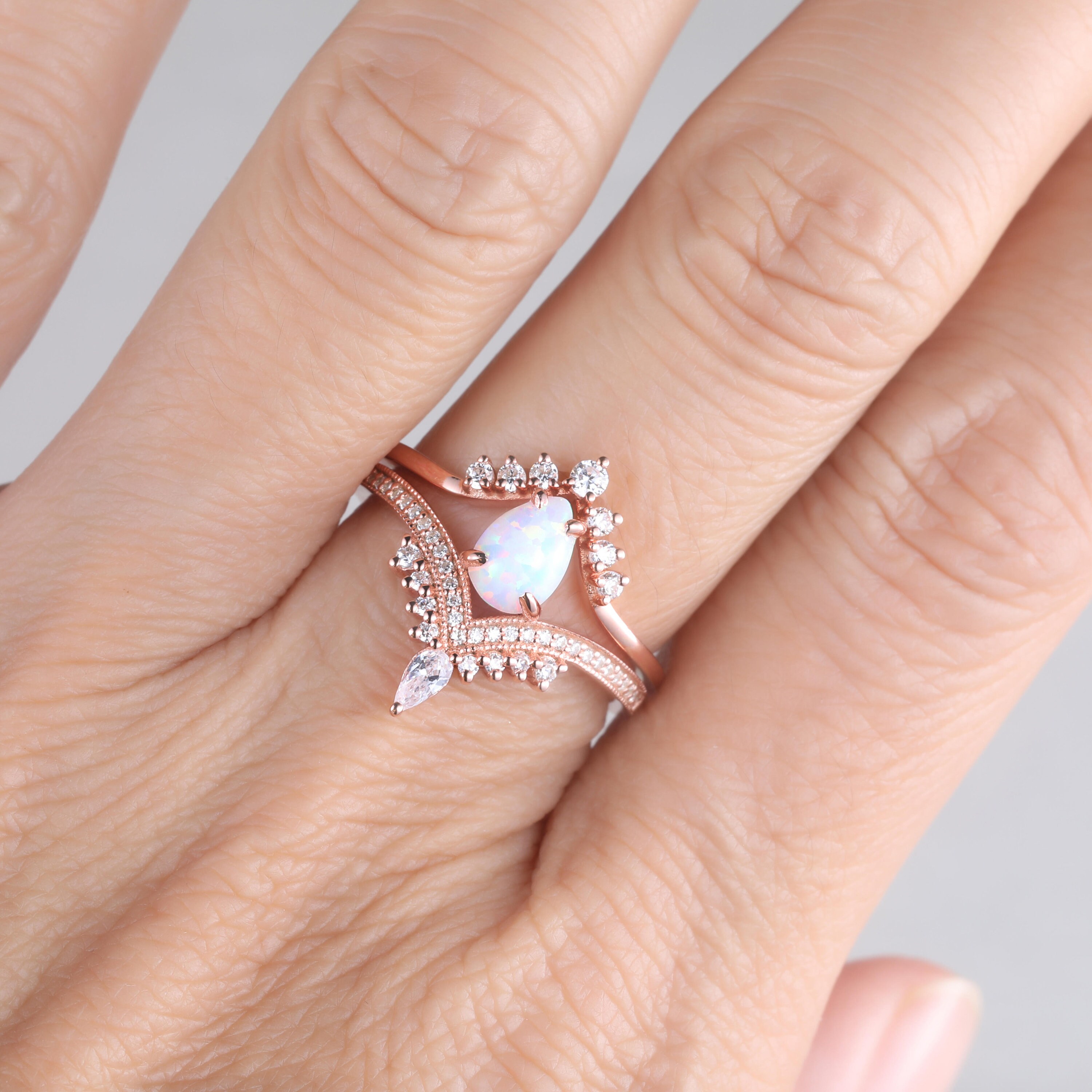 Fire Opal Engagement Ring Set Pear Cut Opal Wedding Ring Set - Etsy