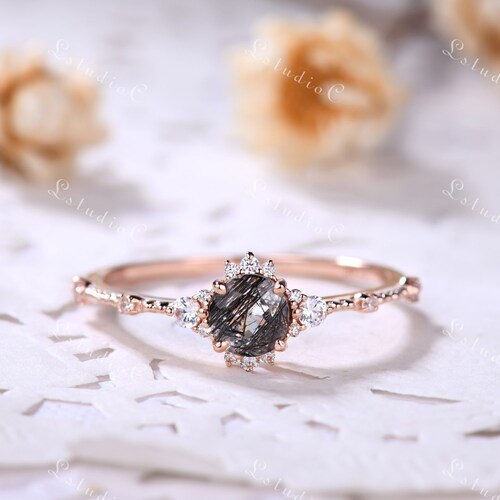 Vintage Black Rutilated Quartz Engagement Ring 14k Rose Gold - Etsy