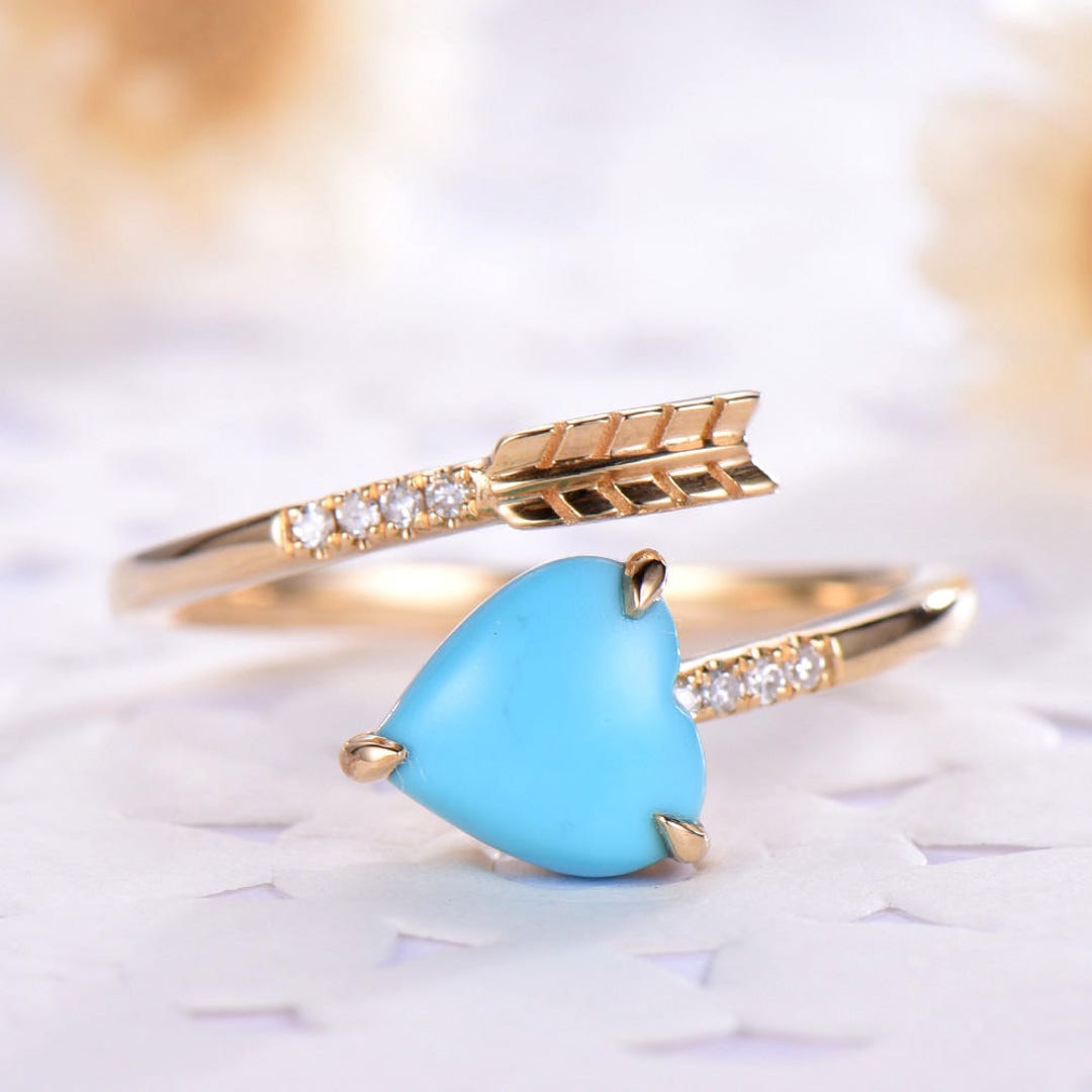 Heart Shaped Blue Turquoise Engagement Ring 14k Yellow Gold Unique CZ ...